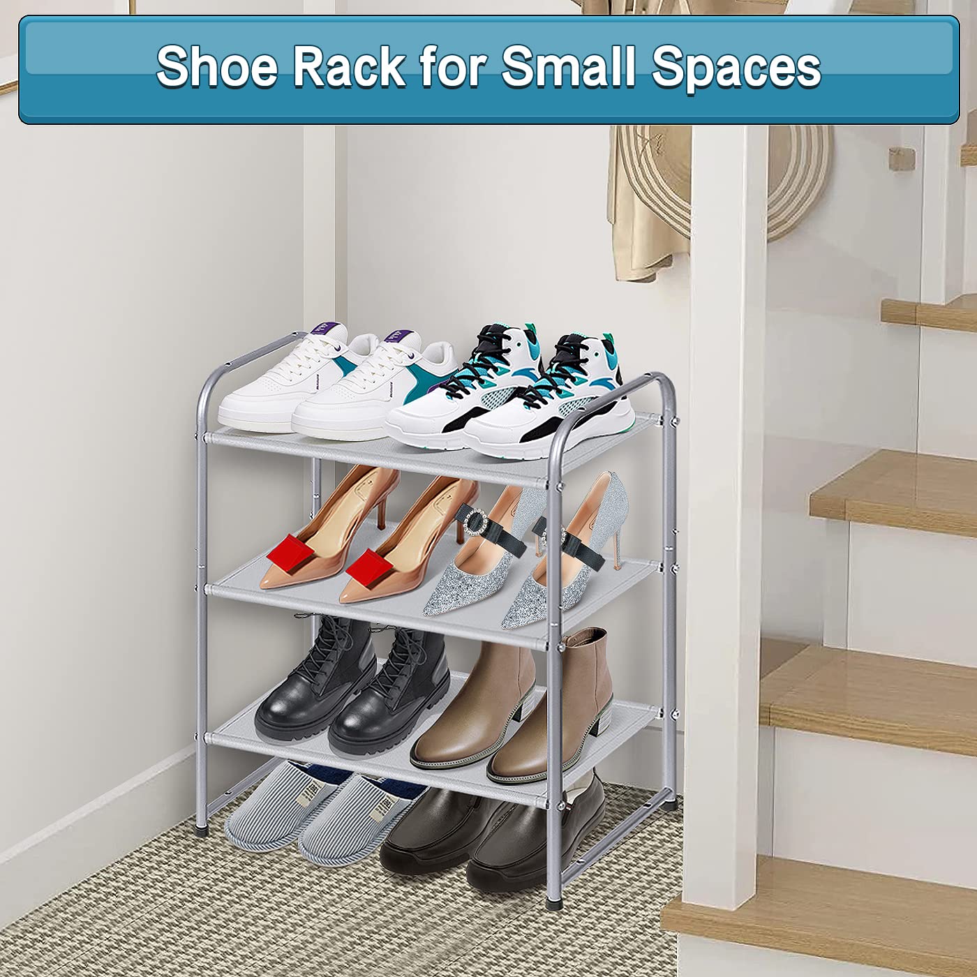 KIMBORA 3-Tier Small Shoe Rack 8-Pairs Stackable Narrow Shoe Storage Organizer Heavy Duty Shoe Shelf for Bedroom Closet, Entryway, Hallway (Grey)