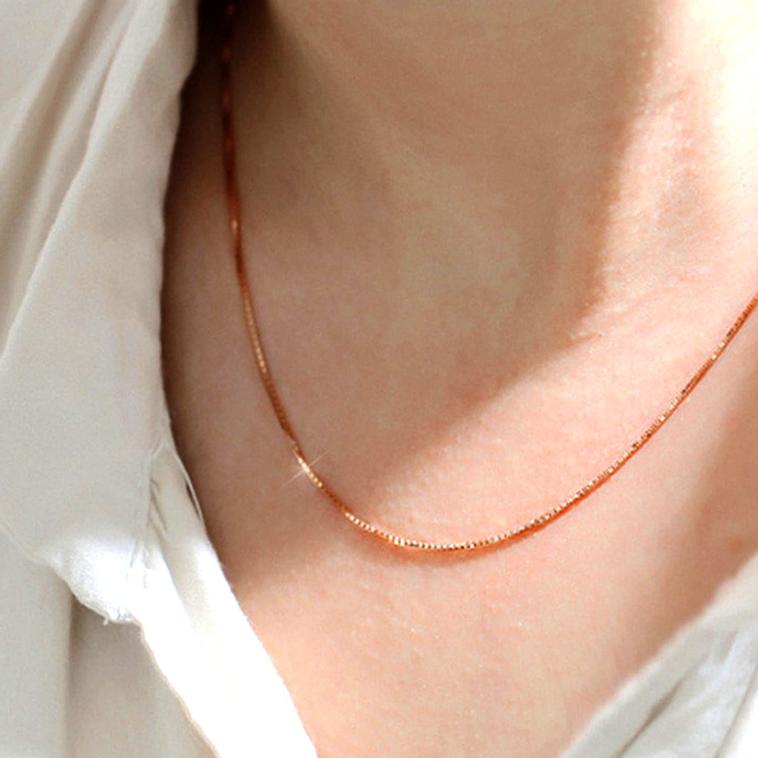 Jewelry Affairs 14k Rose Solid Real Gold Mirror Box Chain Necklace, 0.8mm, 24"