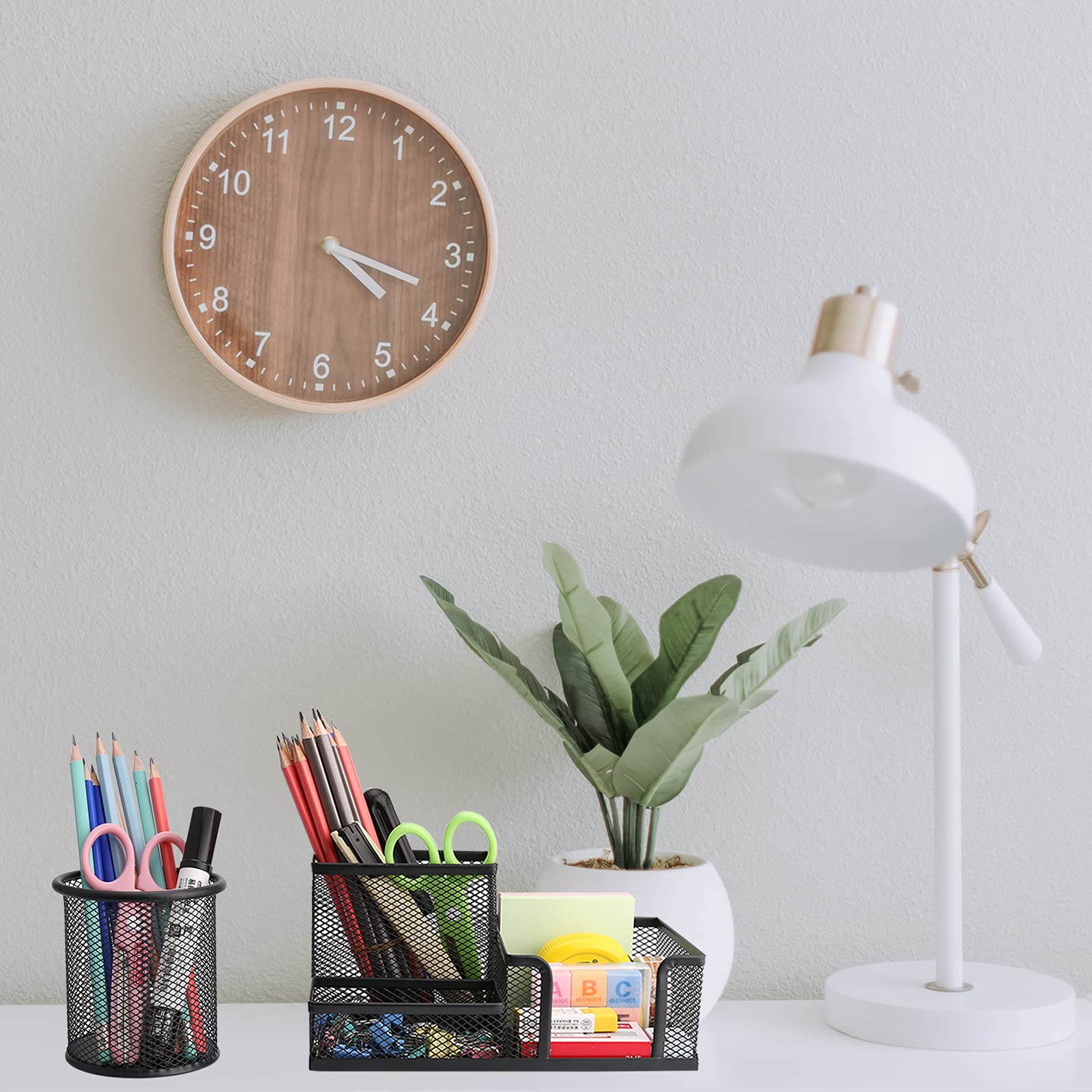 KeFanta Pen Holder Pencil Holders for Desk Pencil Cup,4 Compartments Pen and Pencil Holders,2 Piece Mesh Stationery Organizer for Office Desk,Black Office Supplies Accessory for Desktop