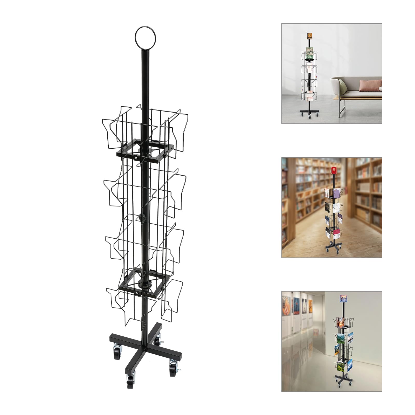 Rotating Greeting Card Display Rack, 4 Tiers Greeting Card Display Rack Christmas with 16 Pockets and 4 Wheels, Rotating Gift Card Display Rack for Vendors, Showcase, Retail, Tradeshow Black