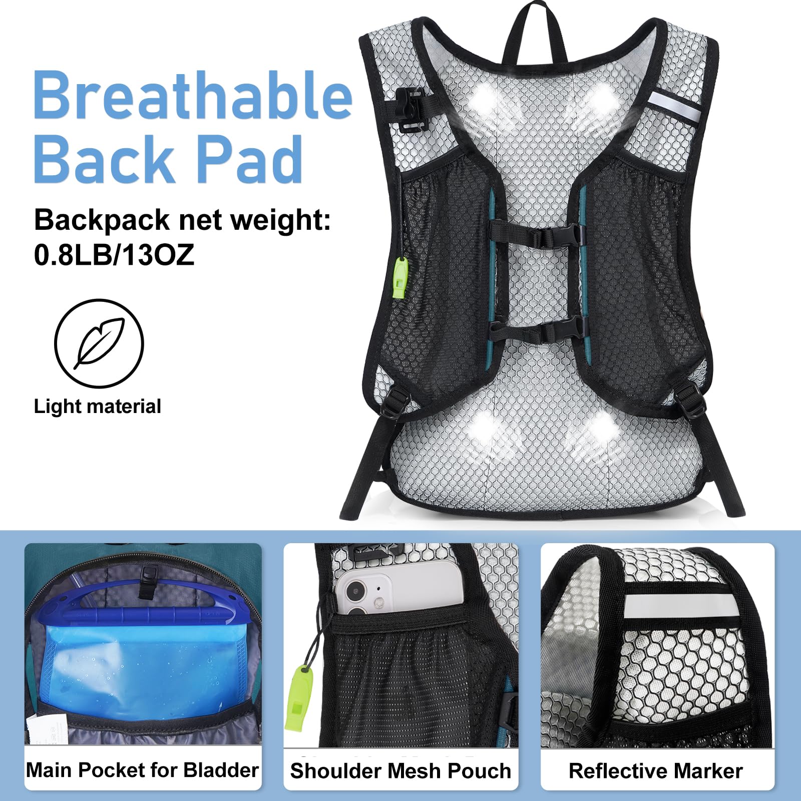Lightweight Hydration Backpack, Running Backpack with 2L Water Bladder, Hydro Water Daypack for Cycling Hiking Rave for Men Women