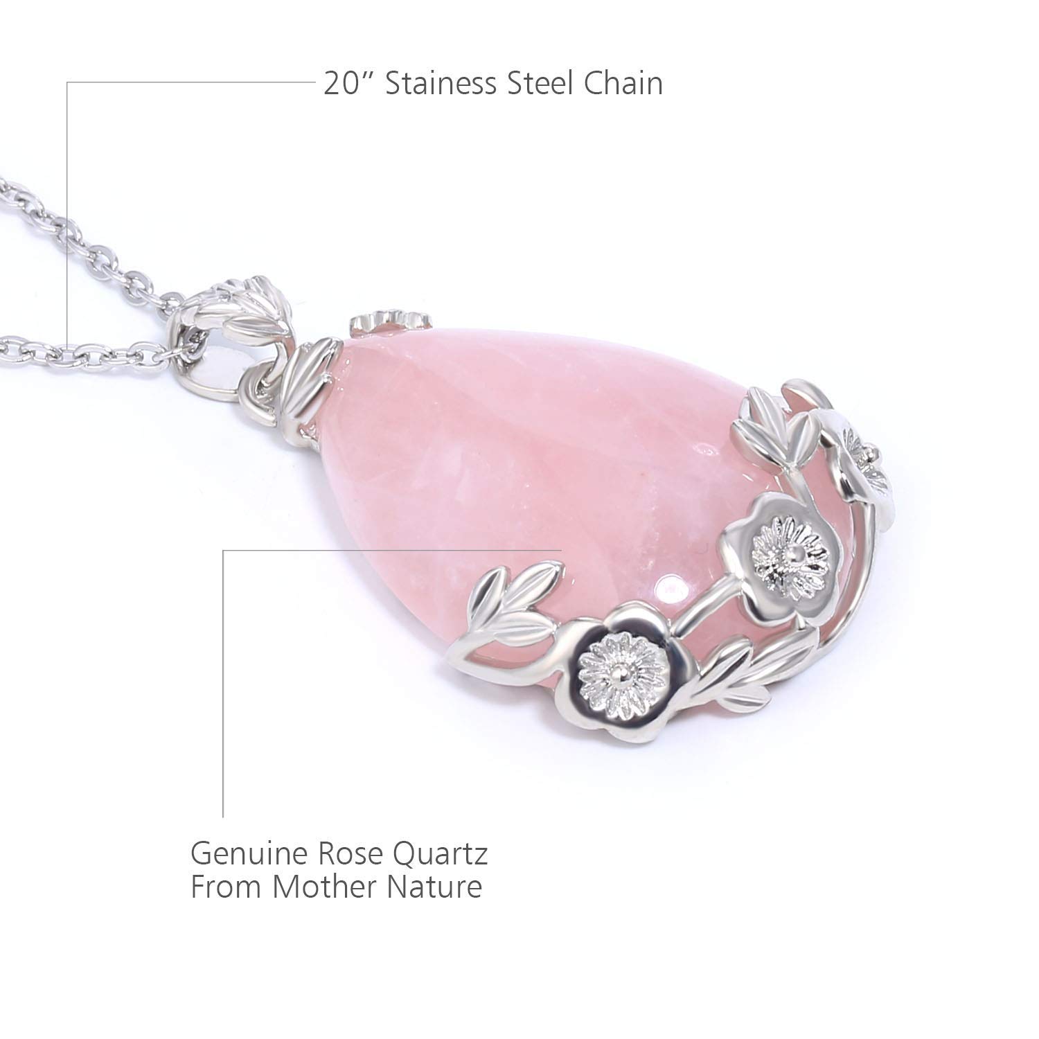 KISSPAT Natural Teardrop Rose Quartz Pendant Necklace on 20" Stainless Steel Chain