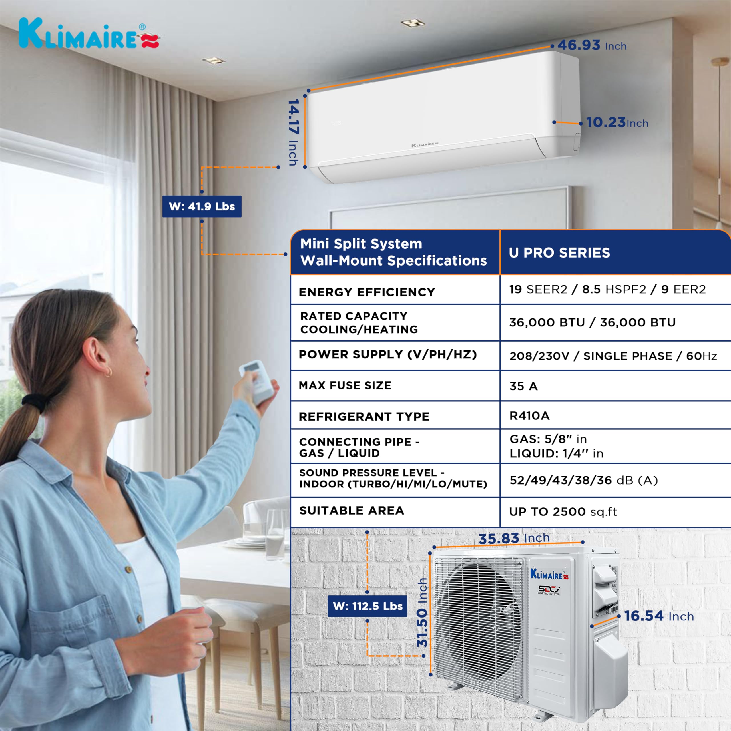 Klimaire 36,000 BTU 19 SEER2 Wall Mounted Ductless Mini Split Inverter A/C Heat Pump System w/ 16β Installation Kit & Wall Mounting Bracket 230V