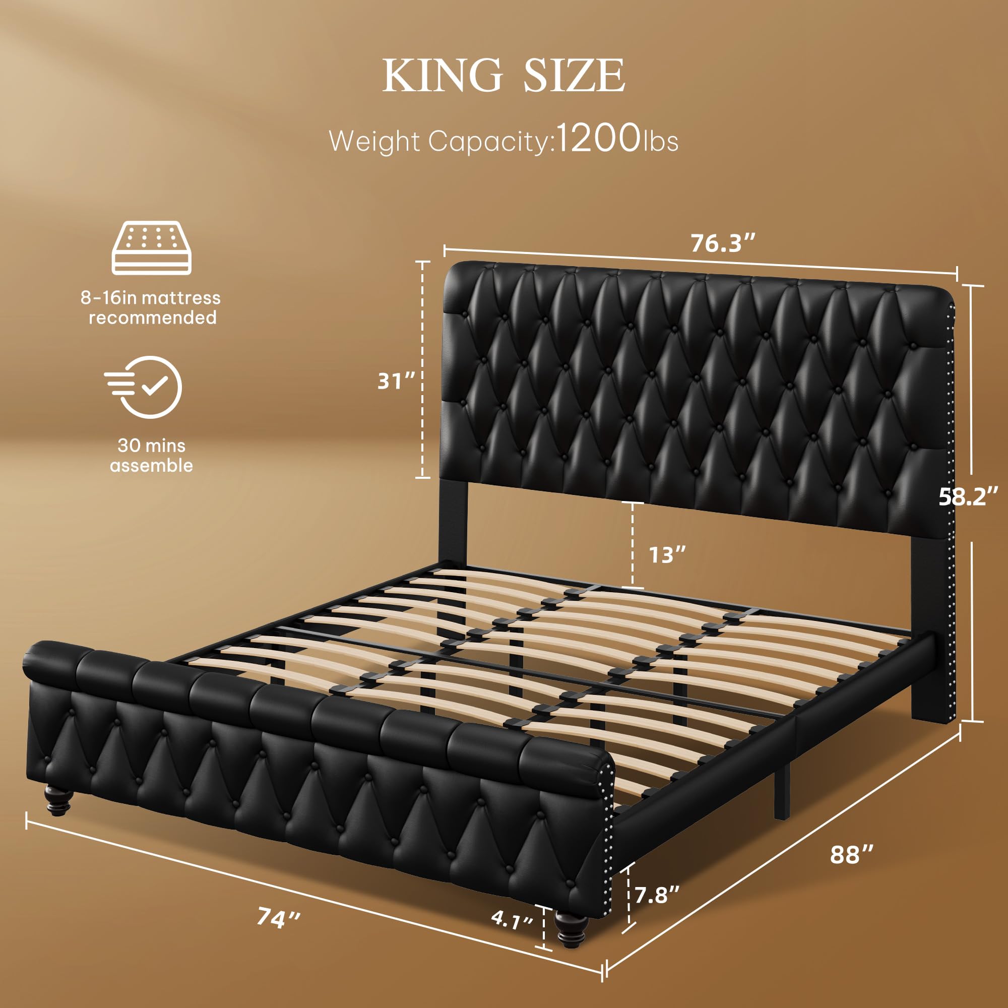 YITAHOME Queen Size Platform Bed Frame with 58" Tall Headboard and Footboard, PU Leather Upholstered Platform Bed with Solid Wood Leg, Button Tufted, No Box Spring Needed, Easy Assembly, Black