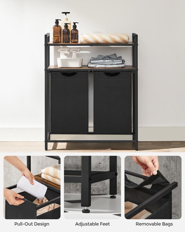 VASAGLE Laundry Hamper, Laundry Basket, Laundry Sorter with 2 Pull-Out and Removable Bags, 2 Shelves, 12.1 Gal (46L) Capacity per Bag, for Laundry Room, Rustic Brown and Black UBLH211B01