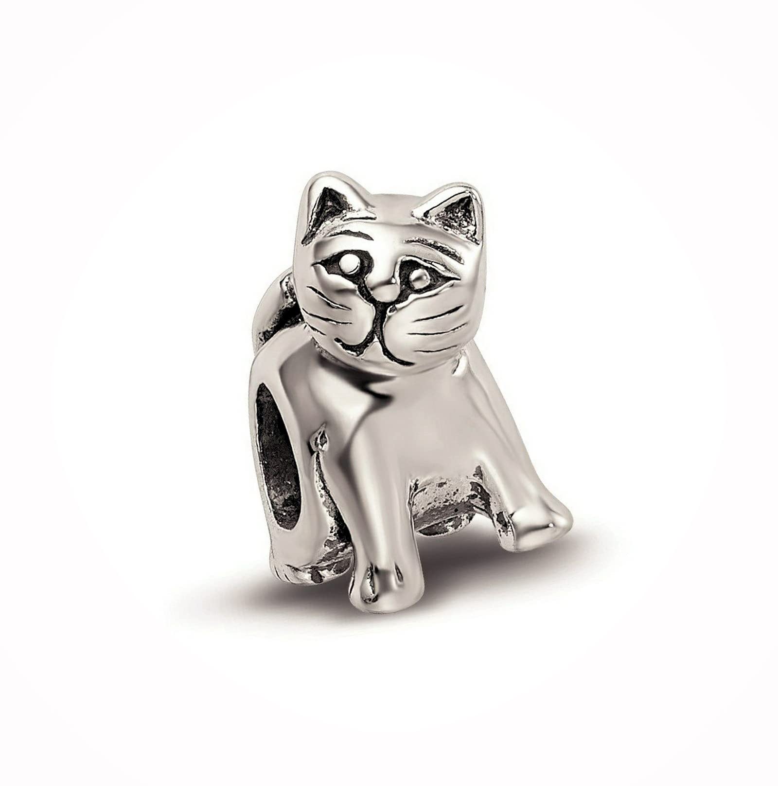 New 925 Sterling Silver Antique Finish 3D Cat Bead Animal Themed Charm AC1411ES