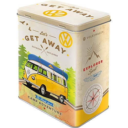 Nostalgic-Art Retro Storage Tin Box L, 101.4 oz, VW Bulli – Let's Get Away – Volkswagen Bus Gift idea, Large Metal Coffee Can, Decorative vintage design
