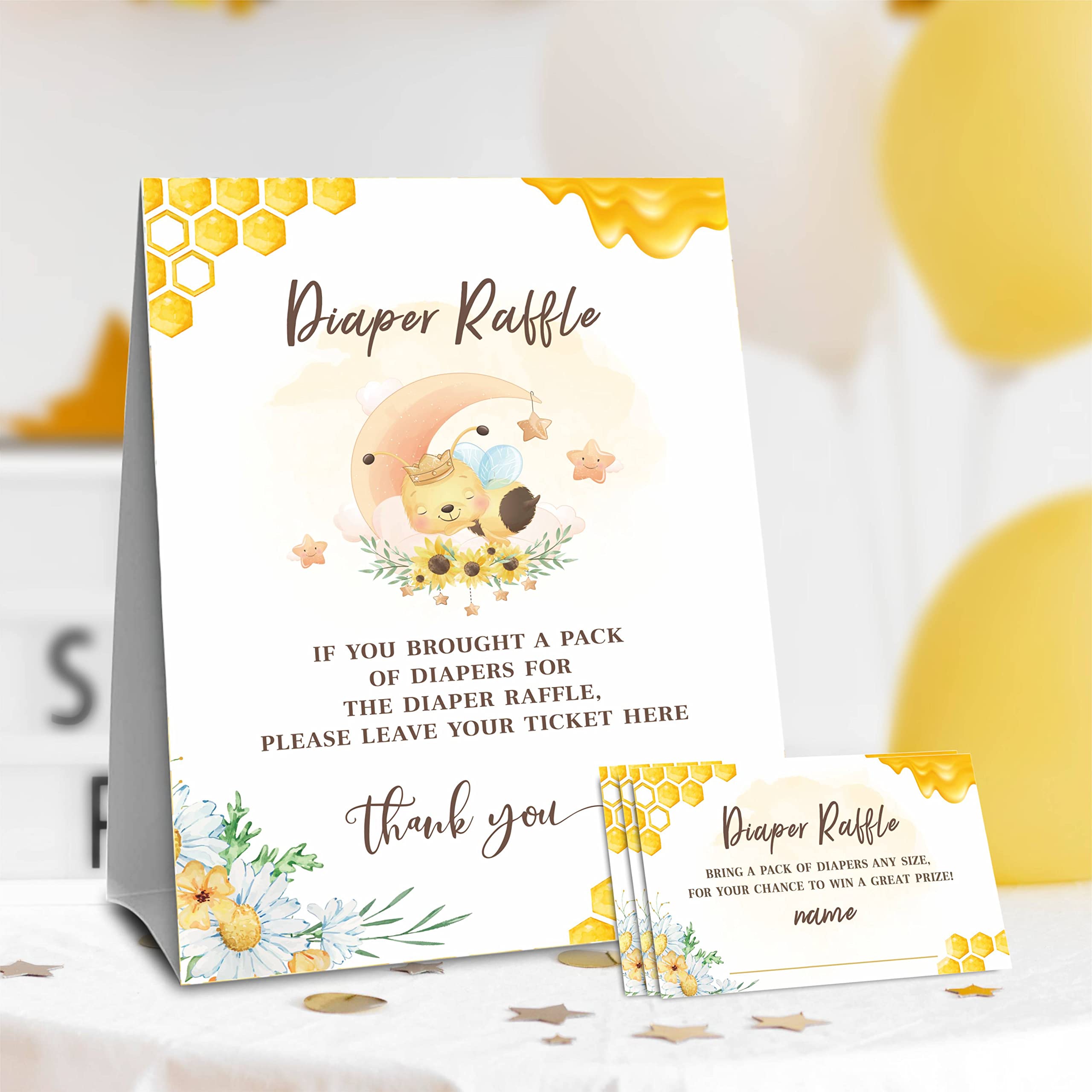 Sweet As Can Bee Baby Shower Game Cards, 1 Self-standing Diaper Raffer Sign and 50 Diaper Raffle Tickets -(LBLK-003)