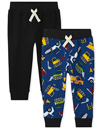 The Children's Place Baby Toddler Boys Jogger Pants, Construction Vehicles/Solid Black 2-Pack, 3T
