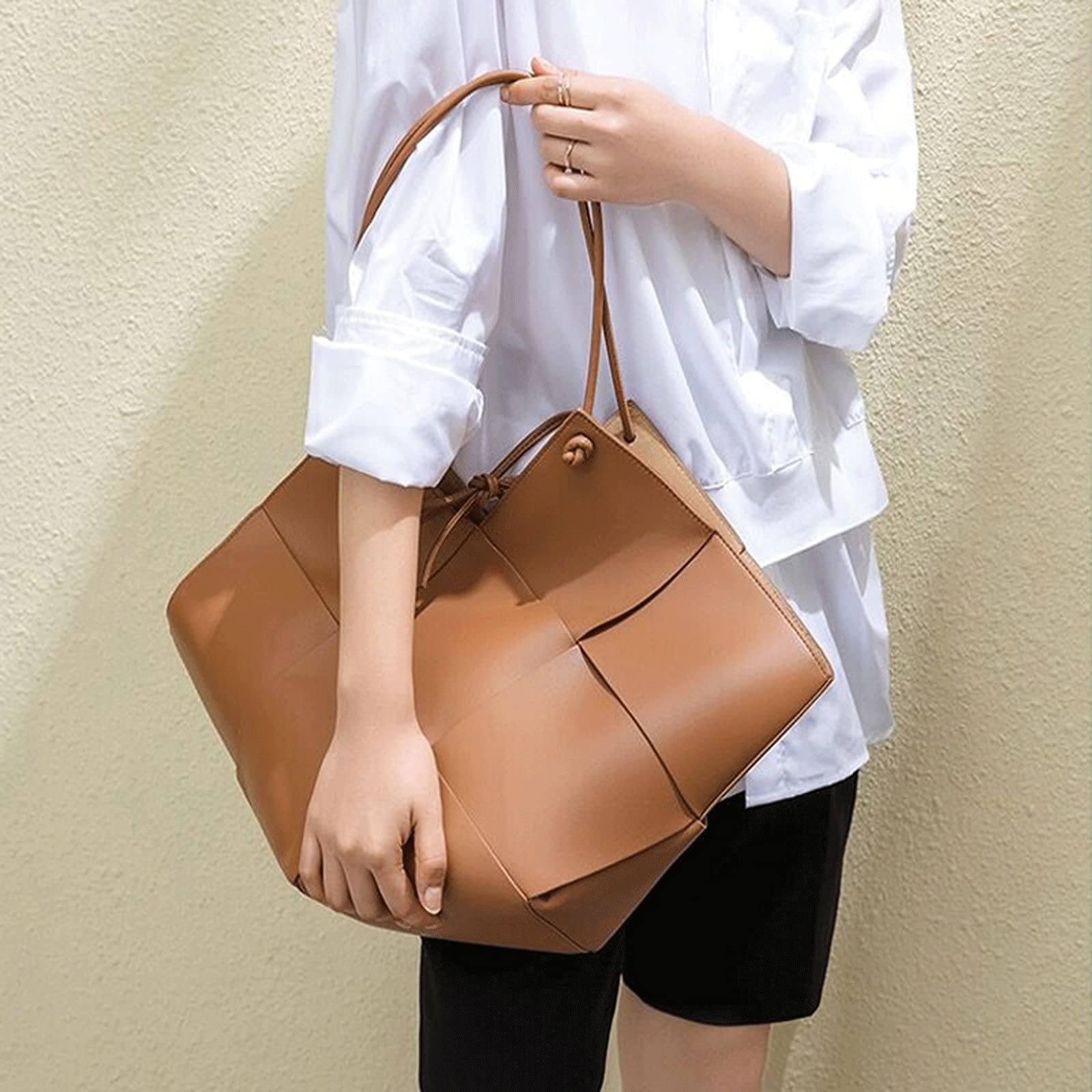 STRTT Designer Genuine Leather Tote Bag Soft Weave Leather Large Capacity Shopping Bag Ladies Shoulder Knot Bag (Color : Yellow)