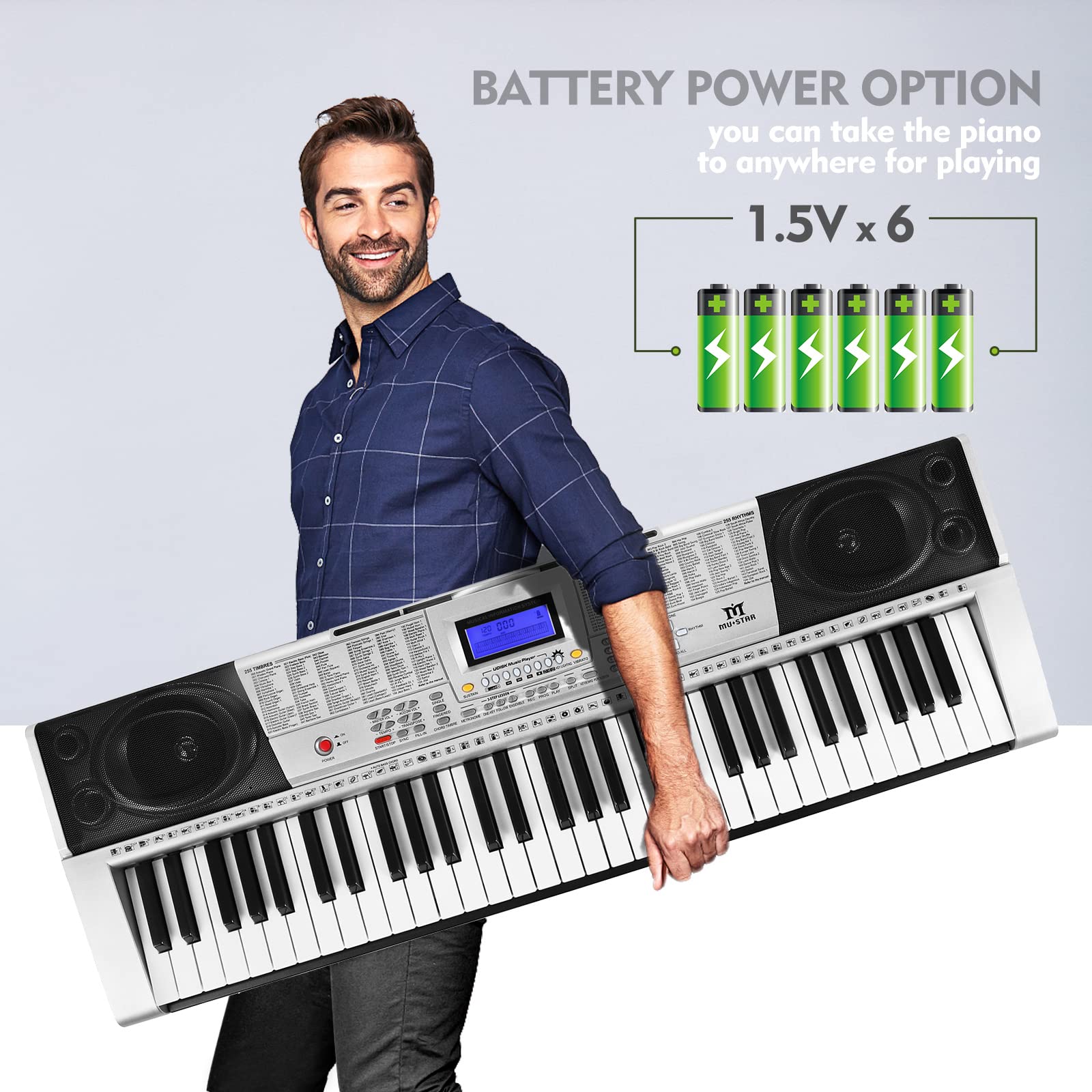 MUSTAR 61 Key Piano Keyboard, MEKS-400 Electric Piano Keyboard with Lighted Up Keys, Learning Keyboards Piano for Beginners, Piano Stand, LCD Screen, Headphones, Microphone, Kids Birthday Gifts