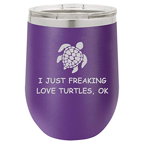 MIP Brand 12 oz Double Wall Vacuum Insulated Stainless Steel Stemless Wine Tumbler Glass Coffee Travel Mug With Lid I Just Freaking Love Turtles Funny (Purple)