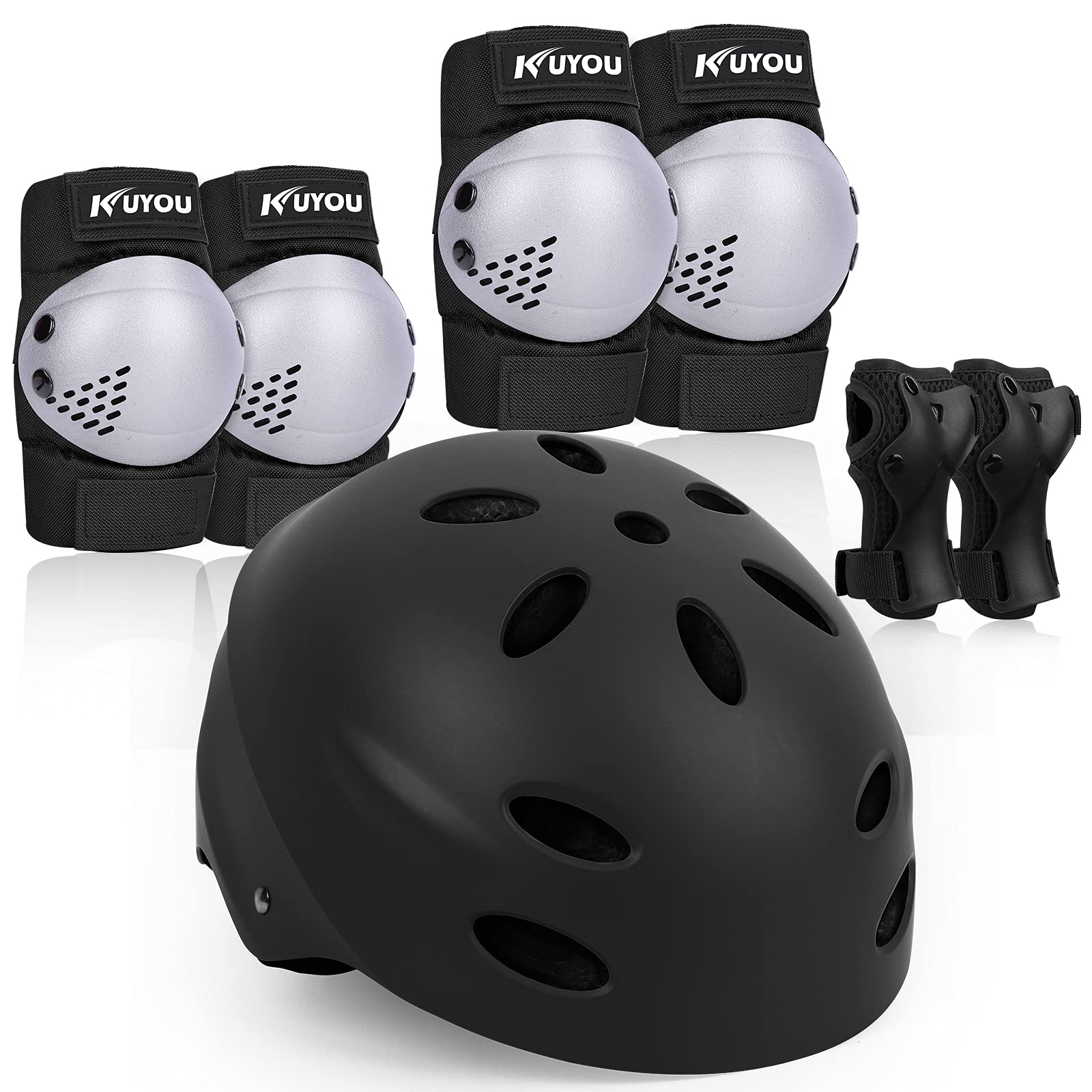 Kid's Protective Gear Set,Roller Skating Skateboard BMX Scooter Cycling Protective Gear Pads (Knee Pads+Elbow Pads+Wrist Pads+ Helmet) (Black)