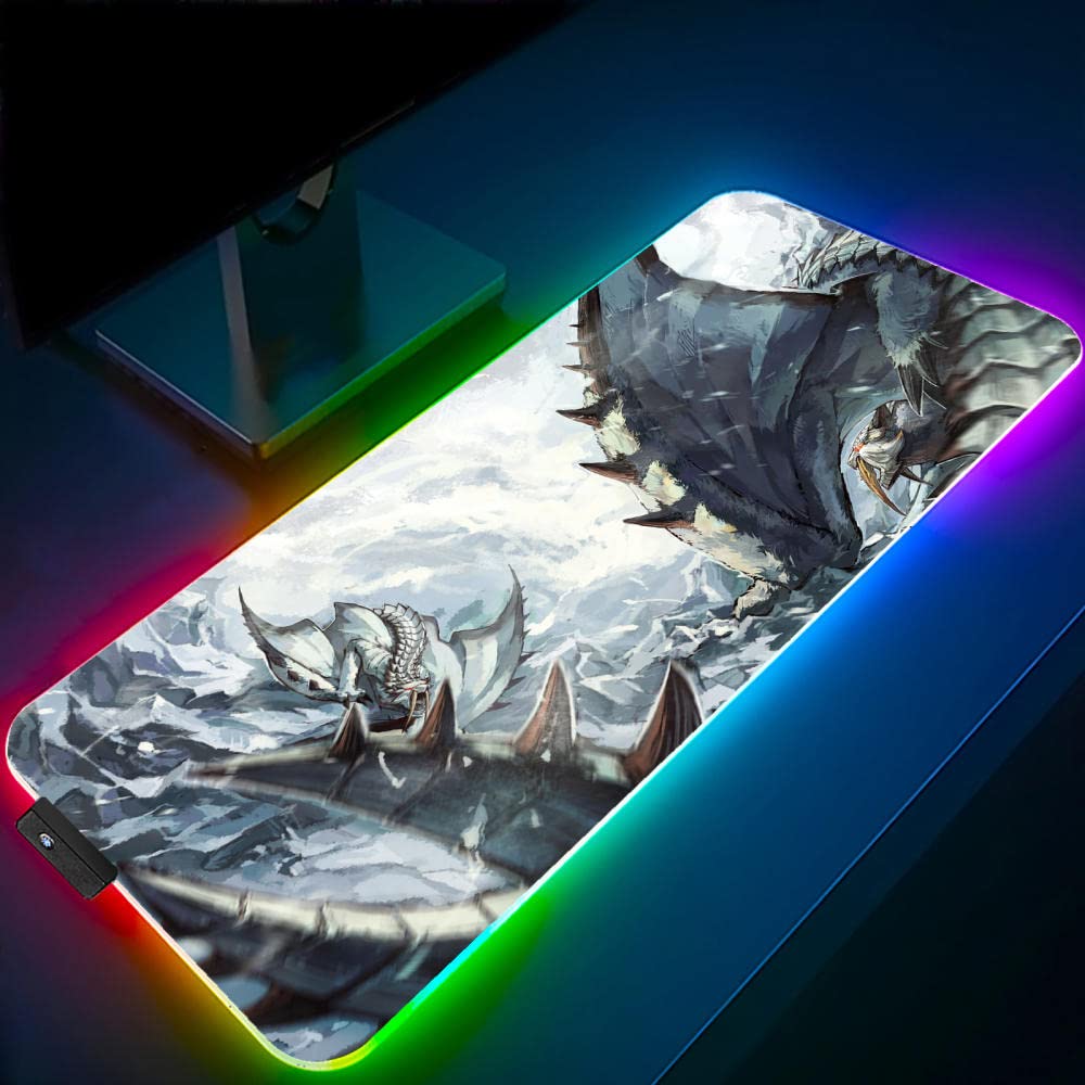 Mouse Pads Monster Hunter Game RGB Gaming Mouse Mat Large LED Colorful Luminous Anti-Slip Rubber Base Computer Pc Keyboard Carpet 31.5 inch X 11.8 inch X0.16 inch