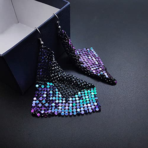 NALISASA Metal Mesh Grid Sequins Tassel Long Drop Dangle Earrings for Women Girls, Long Hook Lightweight Earrings, Disco Vintage Mesh Earrings