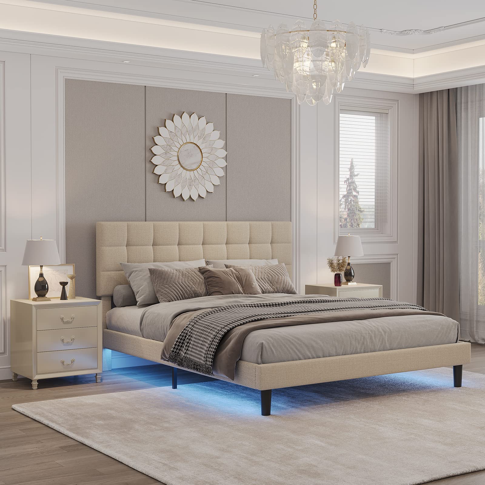 Kelfluxion Queen Size Upholstered Platform Bed Linen Bed Frame with Lights Square Stitched Adjustable Headboard Strong Bed Slats System No Box Spring Needed (Beige)