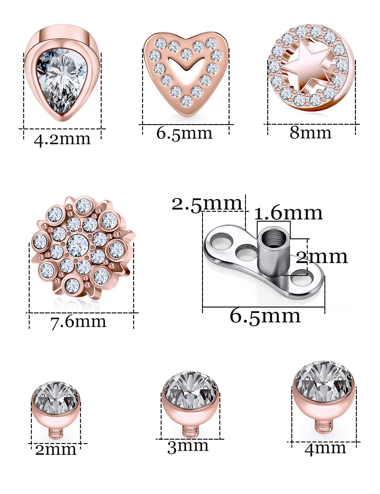 Msndnkwo 14G Dermal Piercing Jewelry Internally Threaded Dermal Anchor Tops and Base Titanium Microdermals Piercing for Women Men, CSY-0091