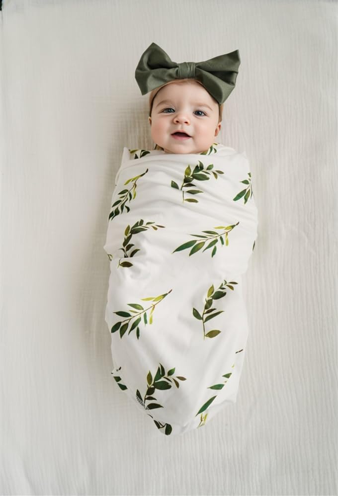 Little Jump stretchy baby Swaddle Blanket and Hat Bow Set, Olive Branches Jersey Cotton Receiving Blanket, newborn hospital outfit for Boys (Green)