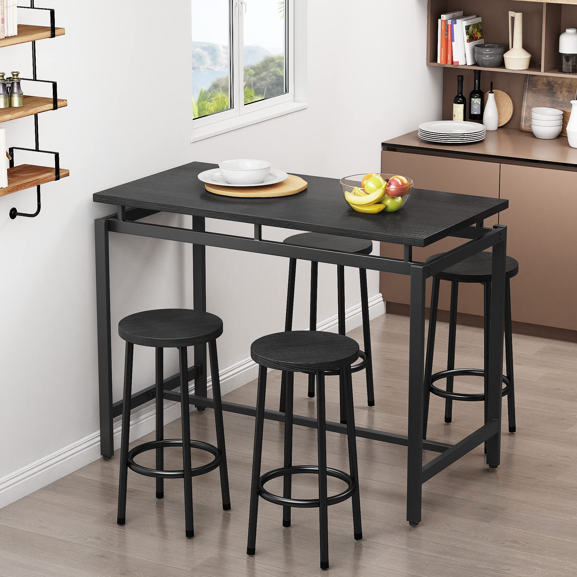 Lamerge Bar Table Set of 4,Industrial 5 Piece Breakfast/DiningTable Set,43" Pub Height Table & 4 PU Upholstered Stools with Backrest,for Living Room,Kitchen,Bar,Rustic Brown & Black & Brown