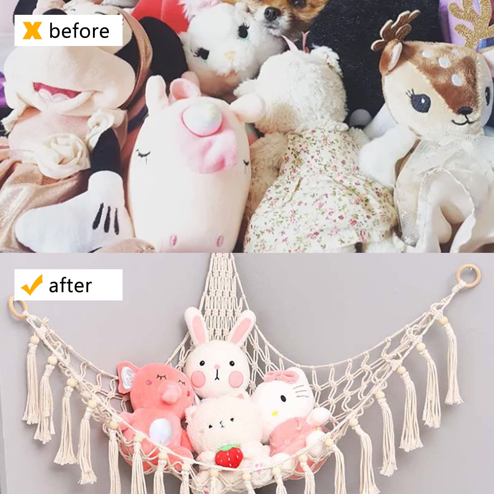 Stuffed Animal Net or Hammock With Led Light,Boho Decor Toy Hammock for Stuffed Animals with 6 Pcs Hooksand Macrame,Triangle Hanging ,Hanging Corner Toy Organizer Net for Playroom Bedroom Nursery Crib