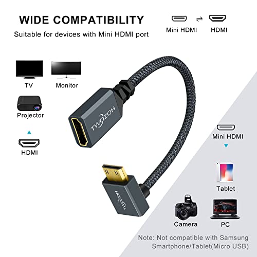 Twozoh Angled Mini HDMI to HDMI Adapter Cable 0.6FT,Nylon Braided Downward Angled 90° Degree Mini HDMI to HDMI Extension Cable Support 3D/4K 1080p