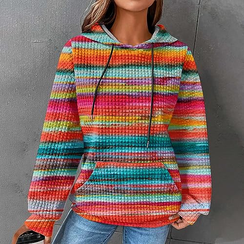 KSODFNXH hoodies for women casual trendy Striped Printed Plaid long sleeves tops with pockets fall drawstring sweatshirts