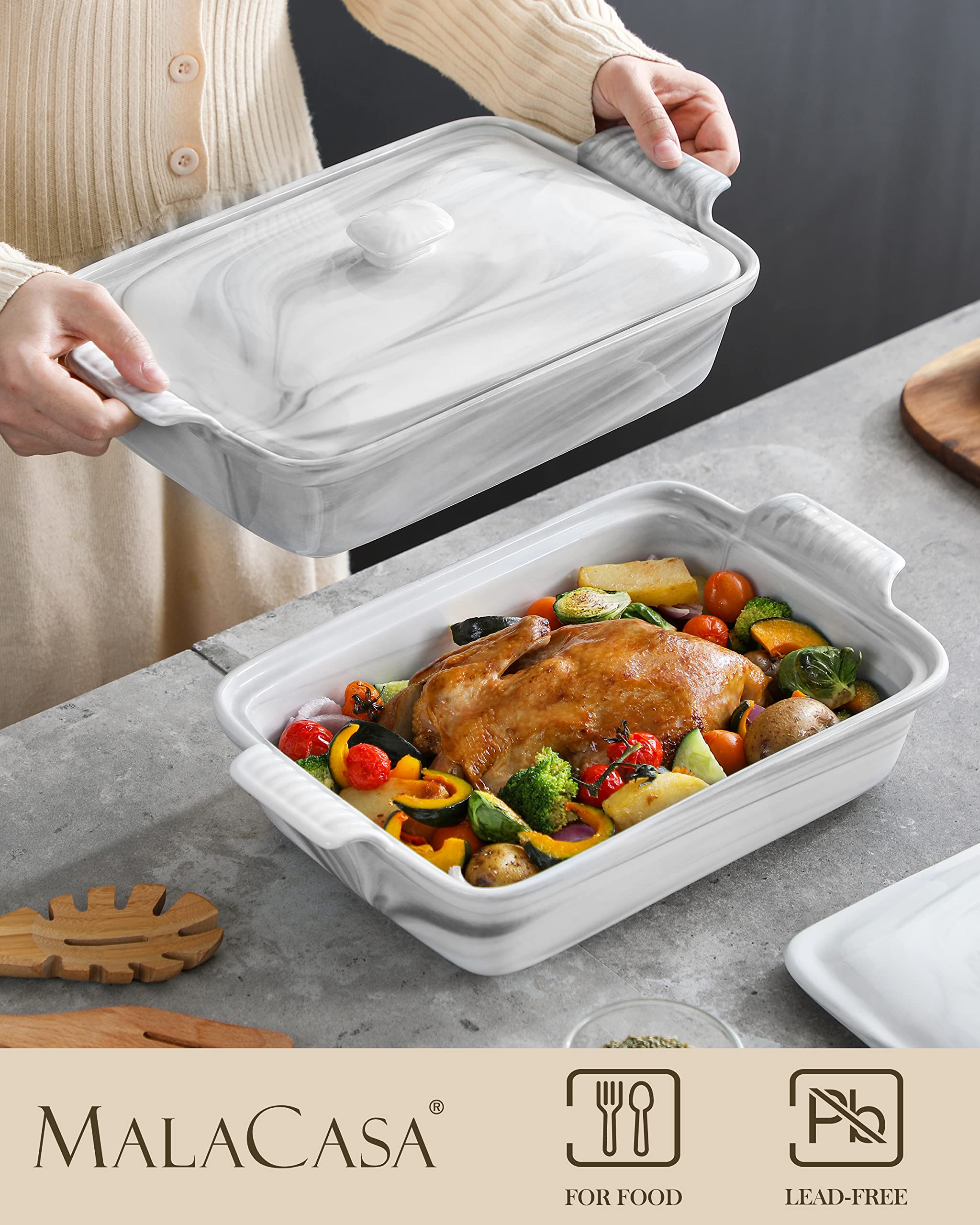 MALACASA Casserole Dish with Lid, 4.2 Quart Ceramic Bakeware Lasagna Pan, 9 x 13 Rectangular Baking Dish with Lid Oven Safe, 9 x 13 x 3.4 inch, Marble Gray