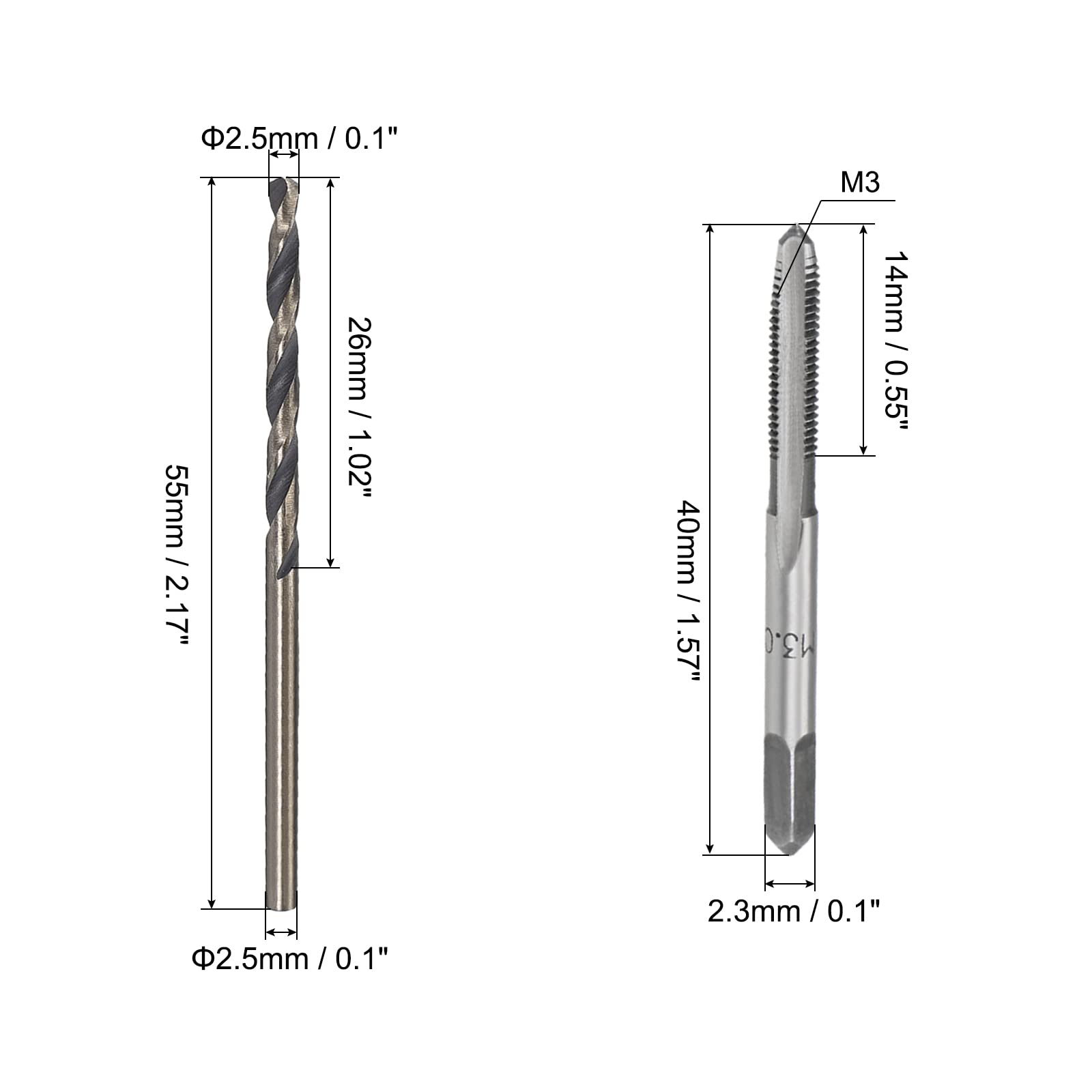 uxcell Straight Shank Twist Drill Bits 2.5mm with 2.5mm Shank 5 Pcs, Metric Hand Tap M3 Thread 0.5 Pitch 3 Straight Flutes 5 Pairs