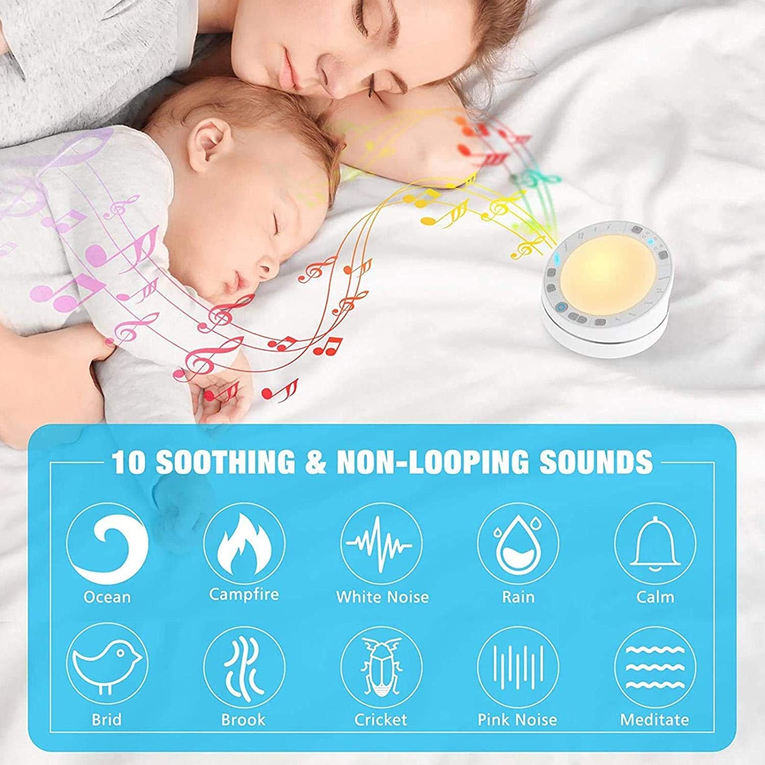 SWIMXL Sleep Sound White Noise Machine with 10 Soothing Sounds and Night Lights by AC or USB for Sleeping Relaxation