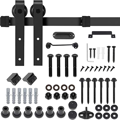 Signstek Sliding Barn Door Hardware Kit 6.6 FT Heavy Duty-Smoothly and Quietly- Easy to Install with Door Hook and 2 Handles - Fit 1 3/8-1 3/4" Thickness β Black (J Shape Hanger)