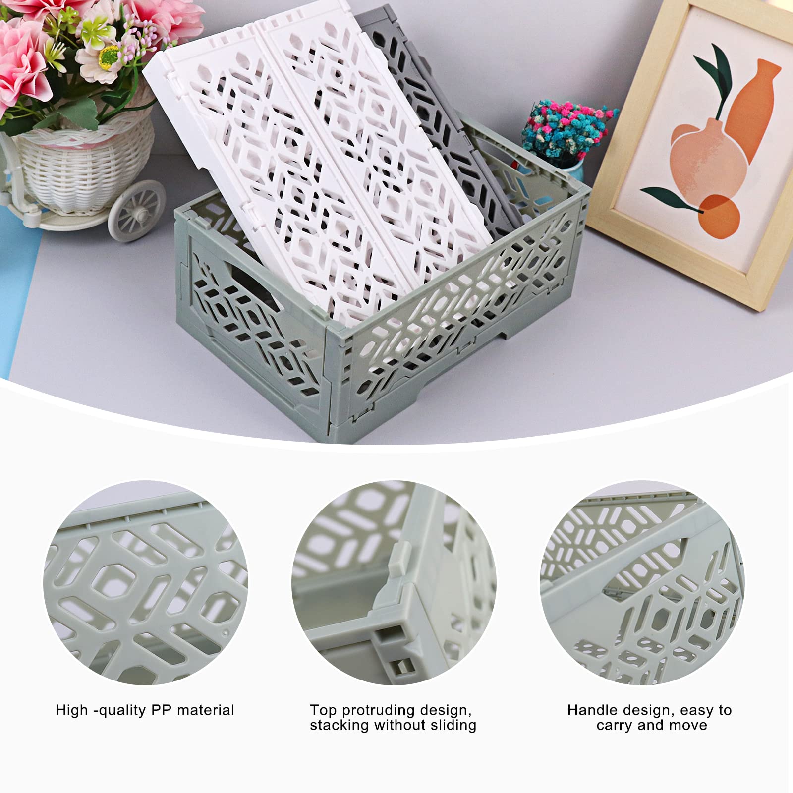 Klyuqoz Pastel Crates (9.4'' X 6.3'' X 3.9''), Storage Crates Plastic Stackable, Cute Crates Pack of 3, for Home Bedroom Office Kitchen Decoration(Green, Gray, White)