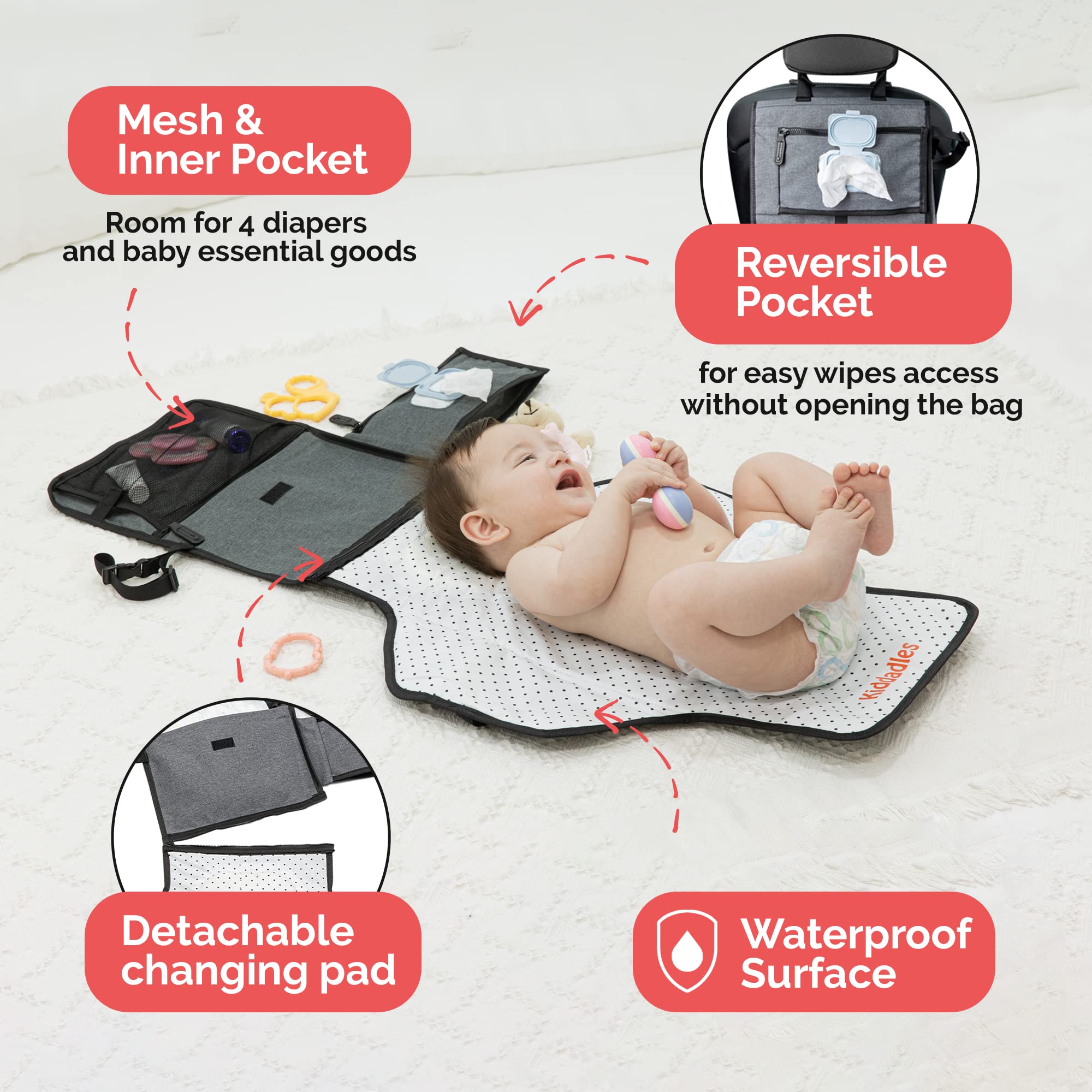 Kiddadles Portable Diaper Changing Pad, Portable Changing Pad for Infants with Soft Pillows, Wet Tissue Pocket & Carry Handle, Waterproof Baby Changing Pad, Newborn Essentials, Baby Shower Gifts