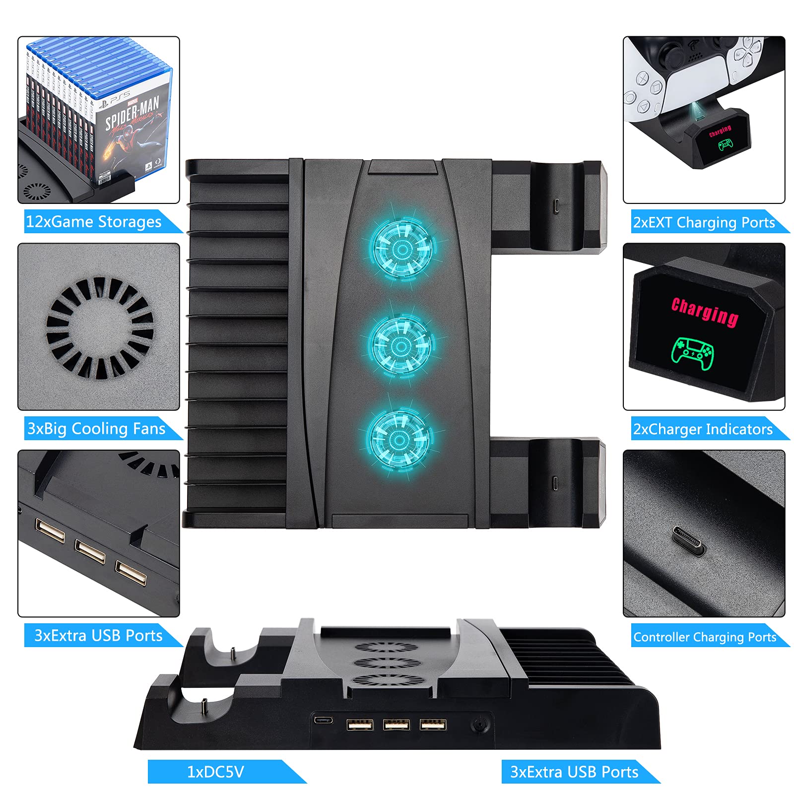 My Genik Touch on Charger with 3 Fan Cooler for PS5 Digital Edition & Ultra HD Console Vertical Cooling Stand with LED Indicators, USB Fast Charging Dock Station with 12PCS Games Storage