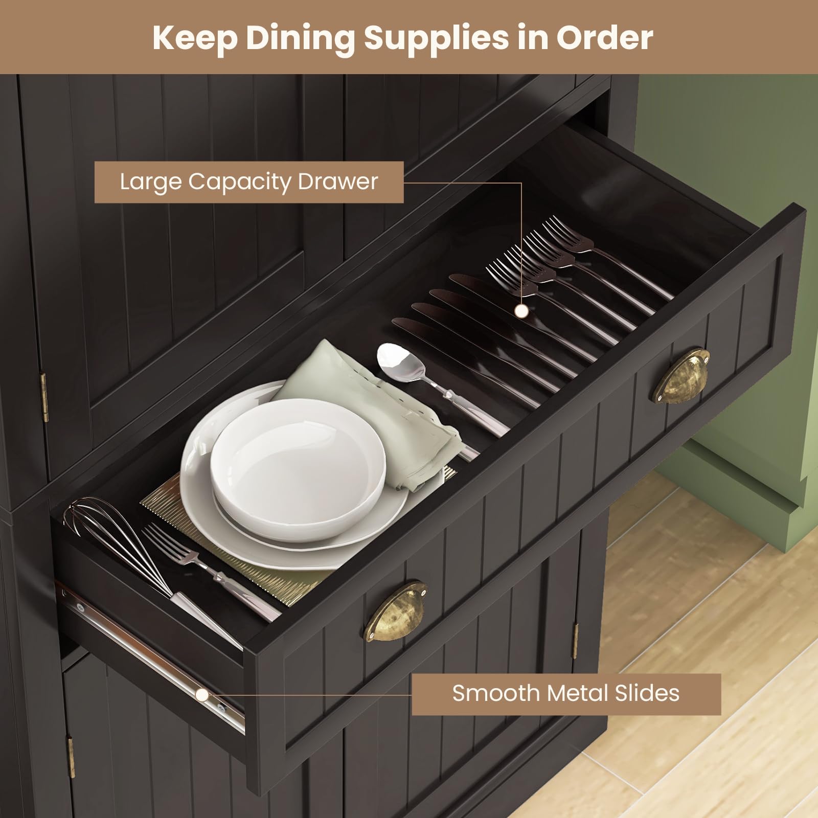 Nightcore, 1 Kitchen, 6ft Cupboard w/ 4 Adjustable Shelves, 2 Wood Pantries, Drawer, Utility Storage Cabinet for Hallway, Living Room, Bathroom, Espresso