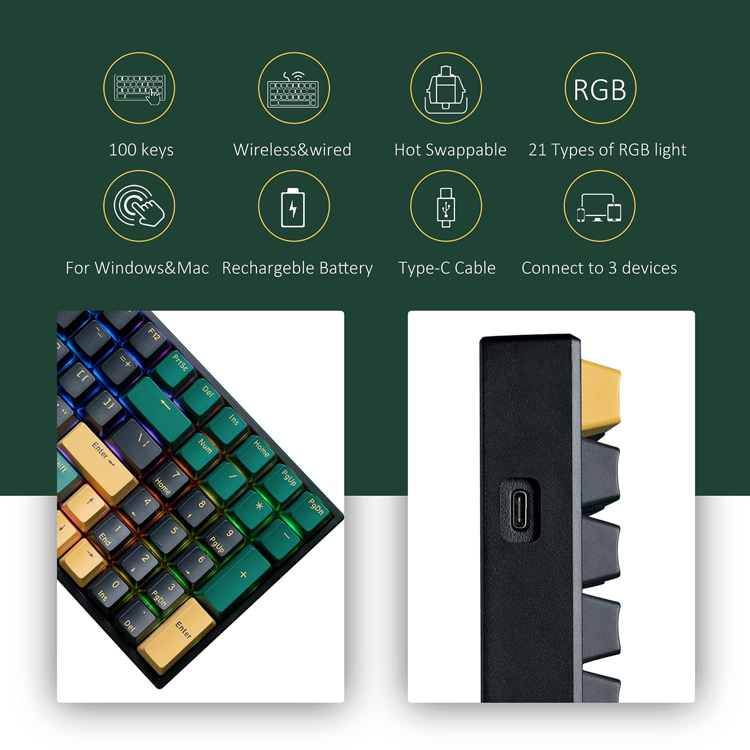 ONE METER Wireless Mechanical Keyboard, RGB Backlit Full Size 100 Keys with Hot Swappable Gateron Switches and PBT Keycaps, Bluetooth5.0/2.4G/Wired Rechargeable Gaming Keyboard for Mac Windows PC