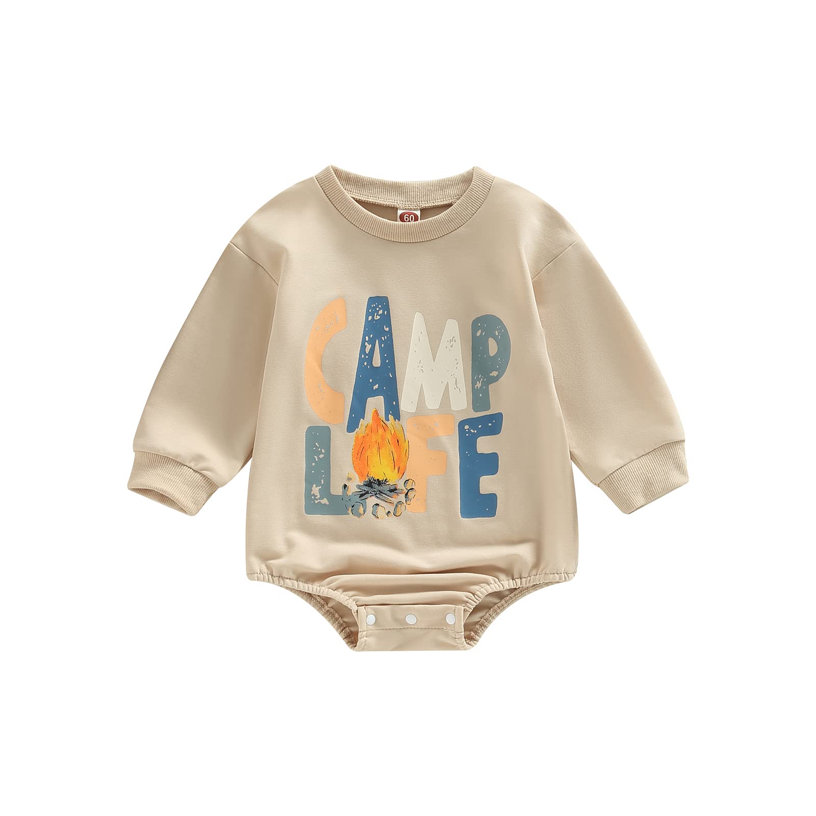 Lamuusaa Newborn Baby Girl Boy Clothes Camp Crewneck Sweatshirt Shirts Long Sleeve Romper Oversized Sweater Fall Tops 0-18M (Khaki, 6-12 Months)
