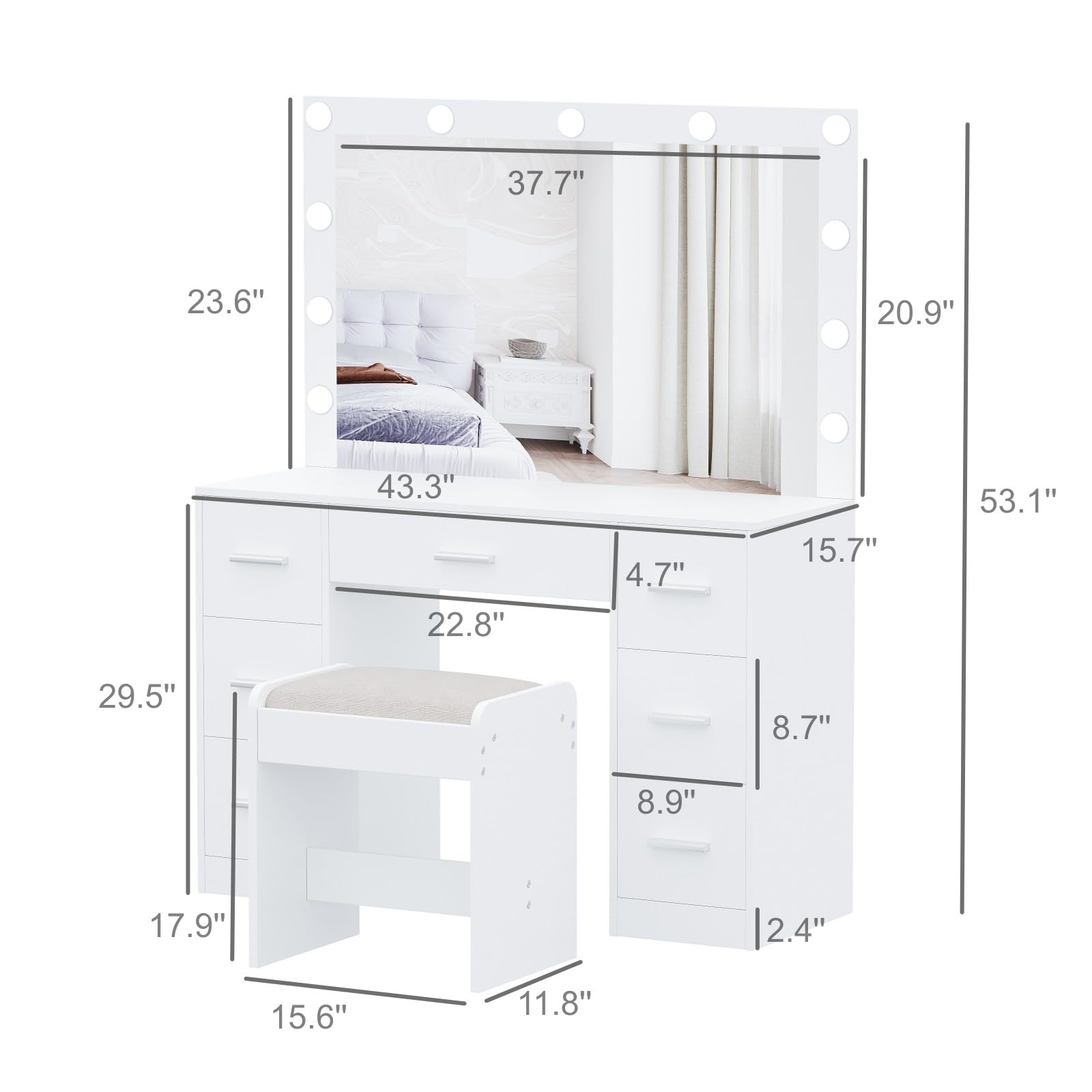 Irontar Vanity Desk with Stool, Makeup Table with Lighted Mirror, 3 Color Lighting Modes, Brightness Adjustable, Dressing Table with Drawers, Vanity Table Set for Women, White WDT004WD