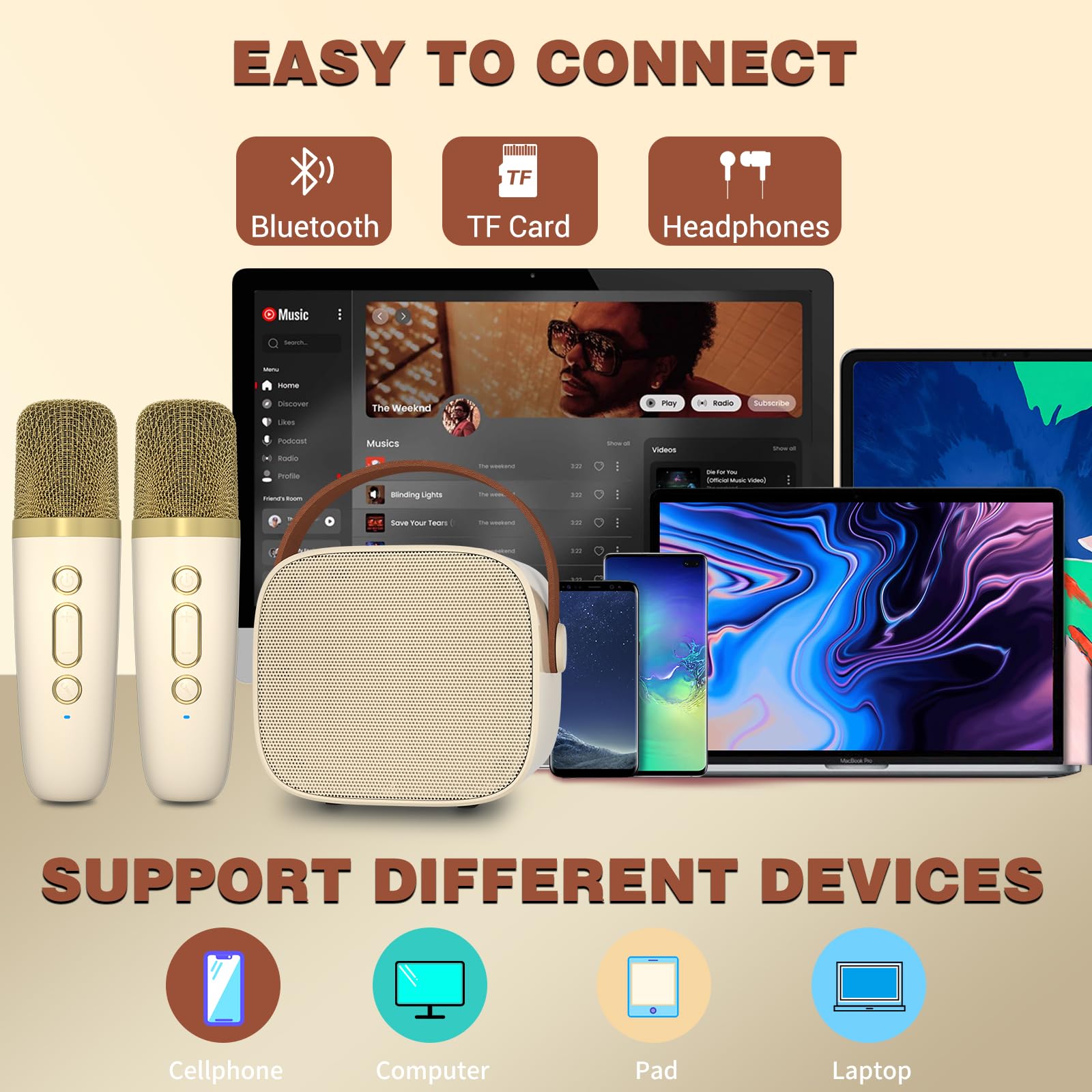 IROO Mini Karaoke Machine with 2 Wireless Microphone,Bluetooth Speaker for Kids and Adults,Gifts for Girls and Boys 4, 5, 6, 7, 8, 9, 10 +Year Old Birthday Party Home (Beige)