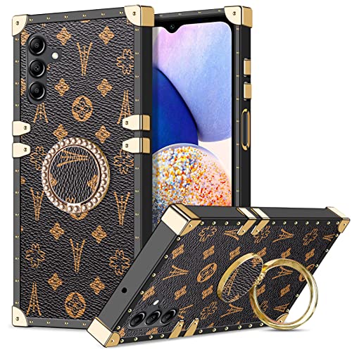WOLLONY for Samsung Galaxy A14 5G Luxury Leather Case with Ring Stand Metal Edge Drop Protection Classic Square Case Soft TPU Slim Retro Cover for Women Girls Designed for Galaxy A14 5G Brown
