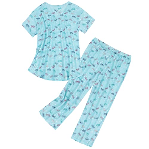 Women Summer Pajamas Soft Sleepwear Top with Capri Pants Ladies Short Sleeve Cotton Pajamas Sets Blue Butterfly X-Large