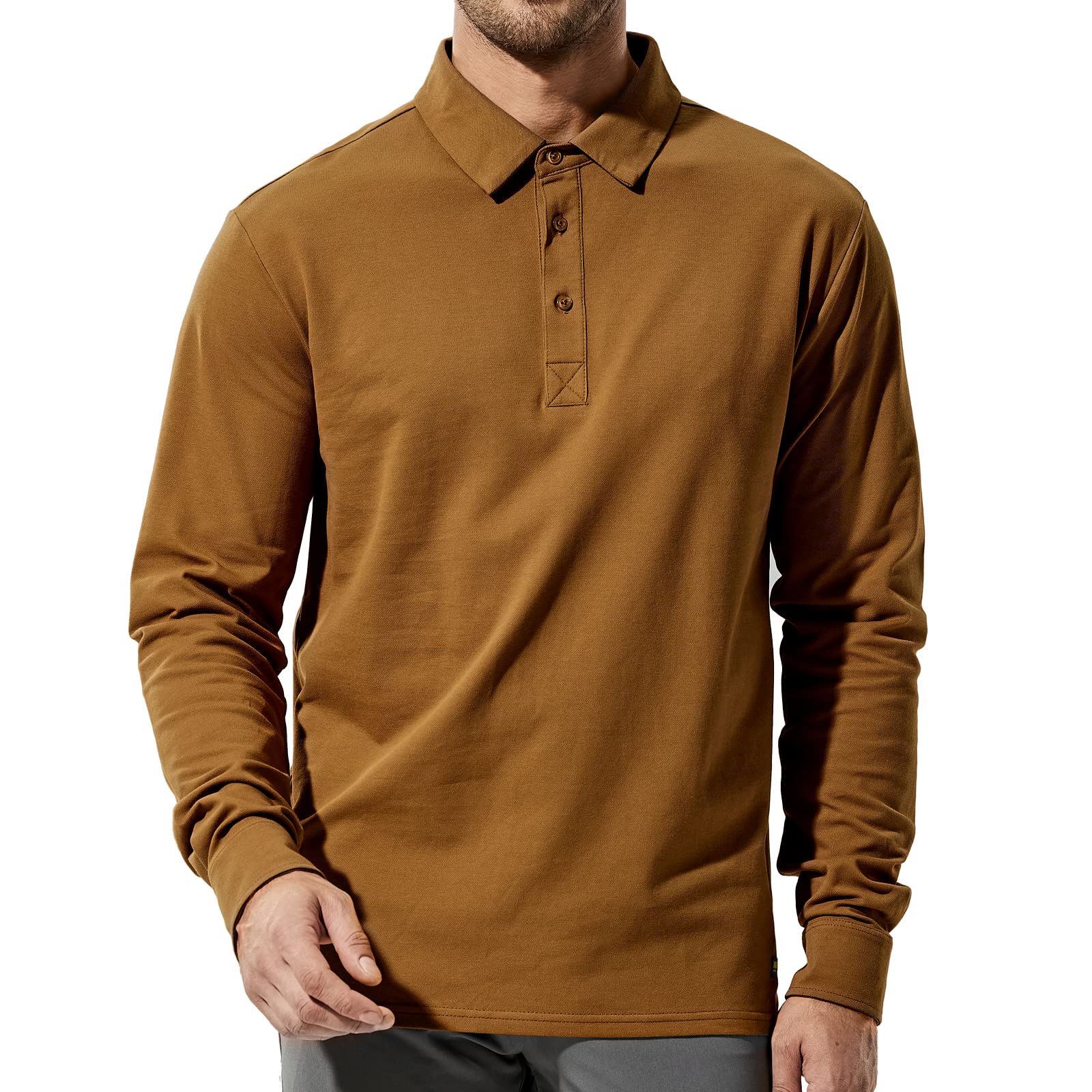 MIER Mens Cotton Polo Shirts Long Sleeve Collared Shirts Regular Fit Golf Polo, Three Button, Brown, L
