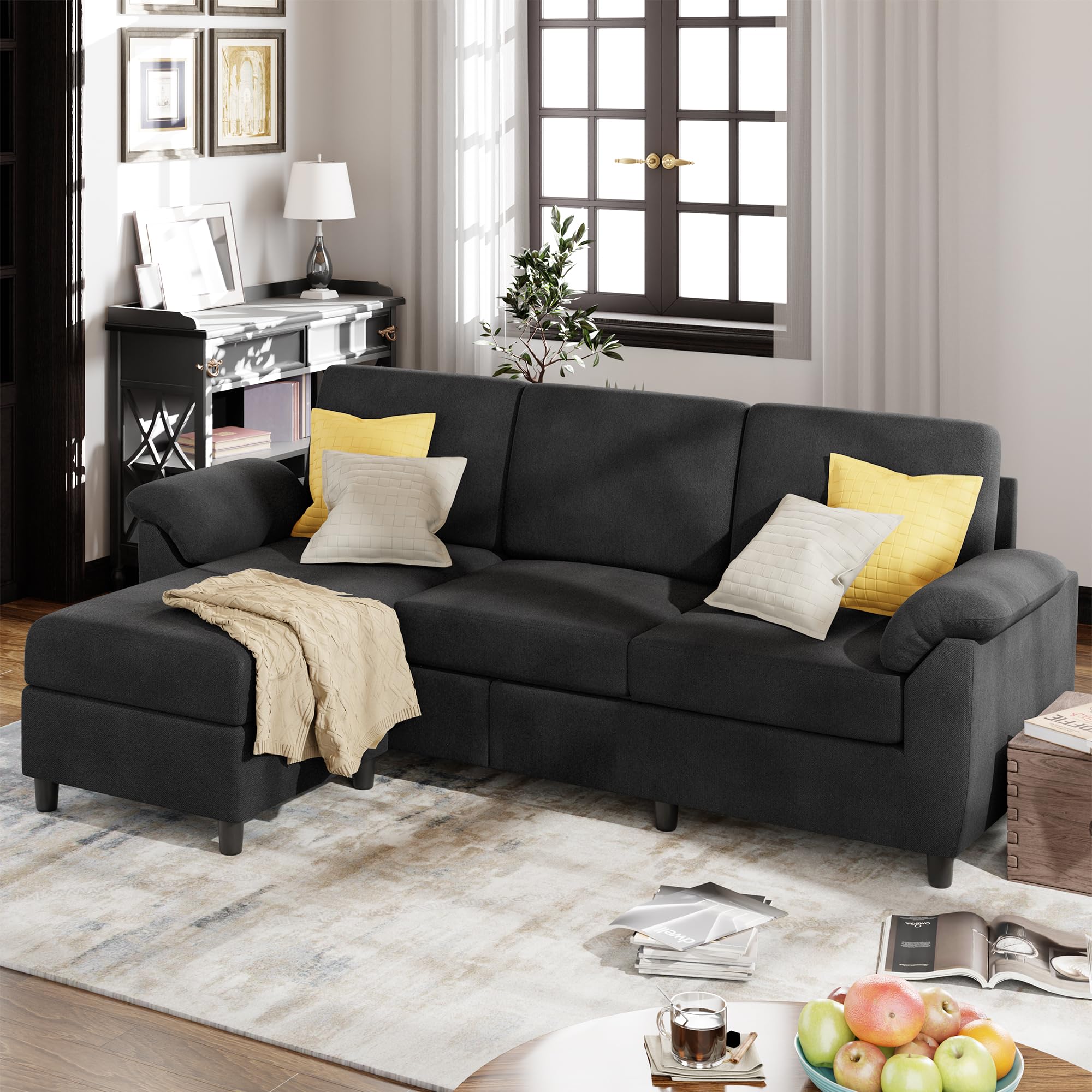 Vongrasig 79" Convertible Sectional Couch, 3 Seat L Shaped Sofa with Removable Pillows Linen Fabric Small Couch Mid Century for Living Room, Apartment and Office (Black)