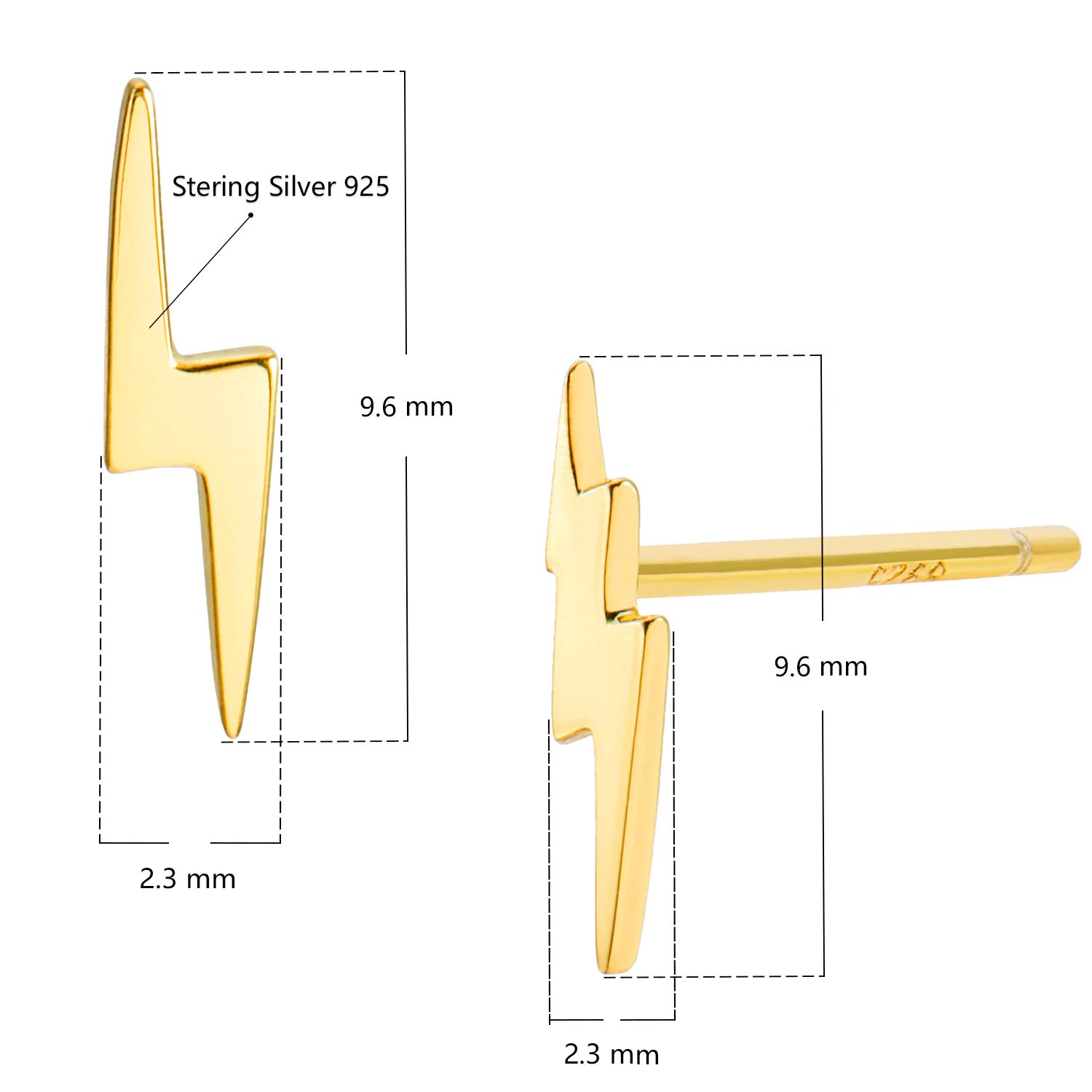 Lightning Bolt Earrings Gold in Sterling Silver 18K Plating Minimalist Small Thunder Bolt Studs Yellow Gold Plated