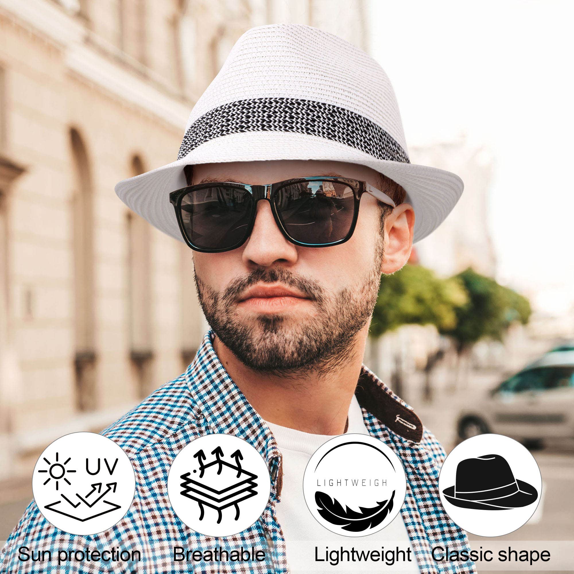 Mens Fedora Hats for Women Straw Packable Hat Women Foldable Mens Straw Sun Hat uv Protection Womens Summer Hat Stylish Straw Hat Men,White,S/M