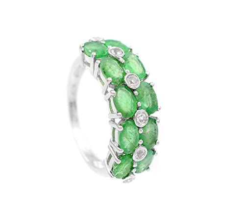Natural 6X4 MM Zambian Emerald Oval Cut Gemstone 925 Solid Silver May Birthstone Cluster Unisex Ring For Wedding Gift (Yellow Gold Rhodium Plated Silver, 7)