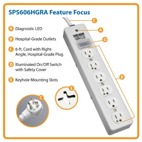 TRIPP LITE SPS606HGRA Surge Protector Strip Medical RT Angle Plug 6 Outlet 6-Feet Cord Light Gray