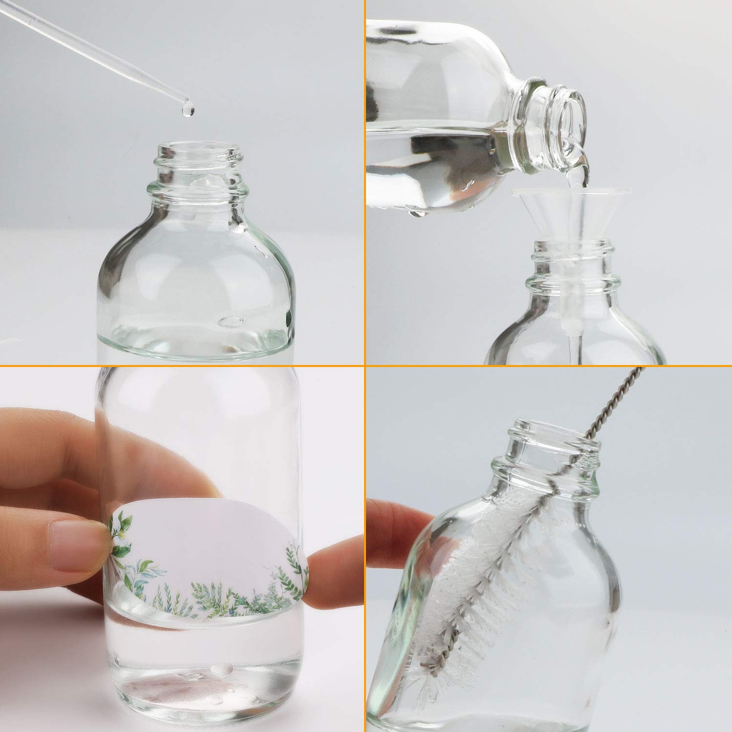 Maredash Clear Glass Bottles, 15 Pack Glass Storage Bottles with Black Lids (15 Labels, 3 Funnels, 3 Droppers, Brush)