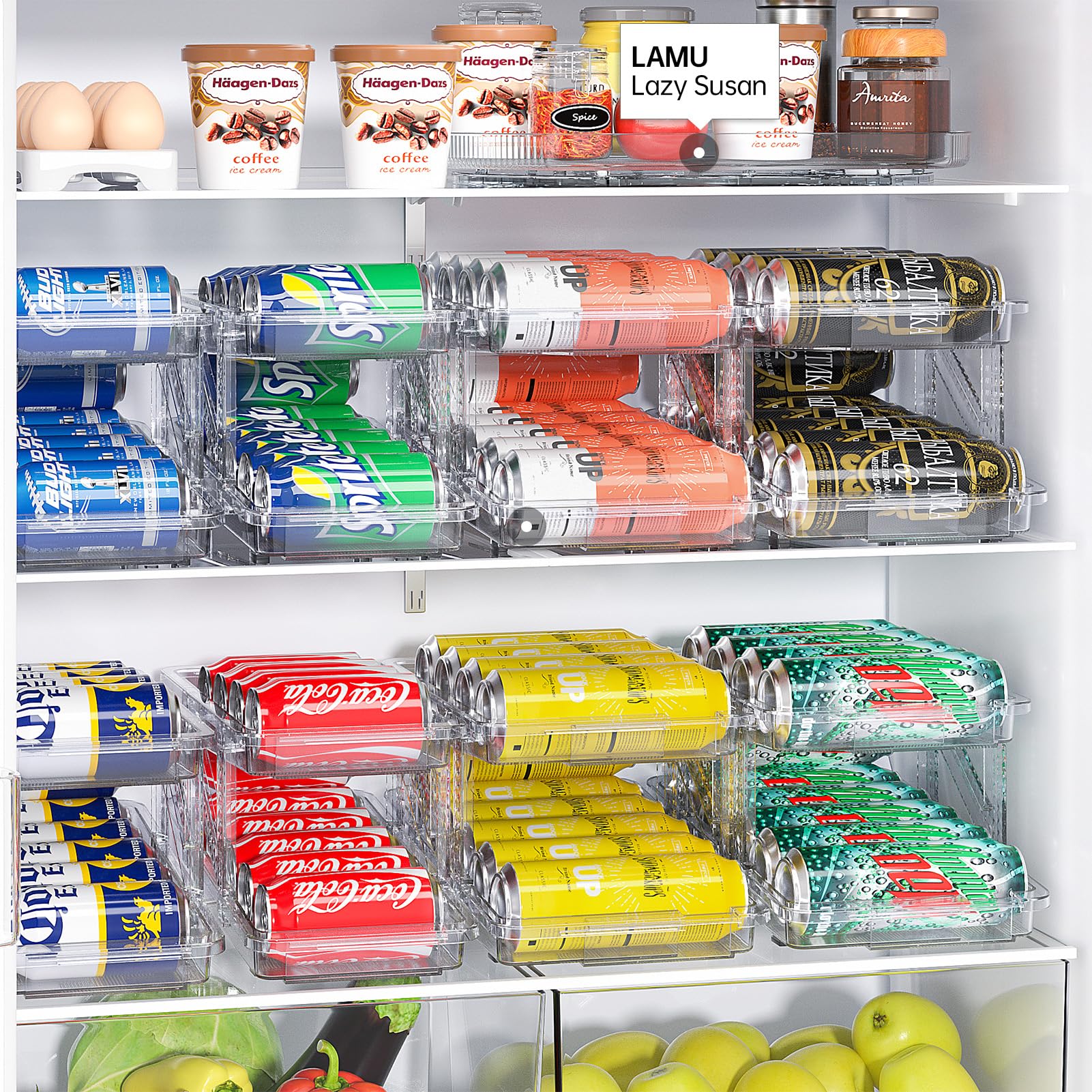 LAMU Soda Can Dispenser for Refrigerator, Set of 2 Adjustable Width Soda Can Organizer 2-Layer Beverage Pop Can Holder Drink Organizer for Fridge, Pantry, Cabinet, Countertop, Clear
