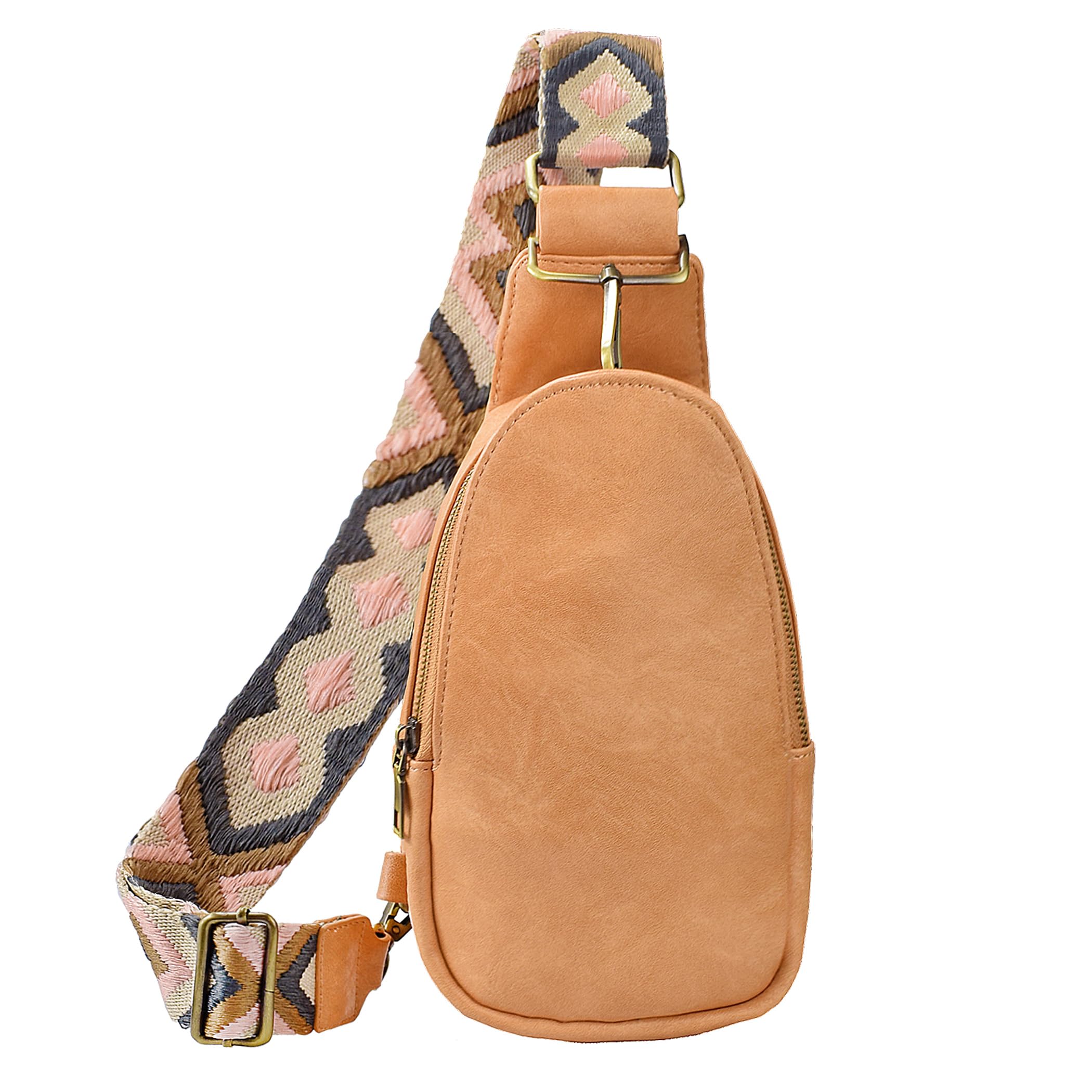 KlaOYer Sling Leather Bags For Women Crossbody Small Fanny Pack Purses Chest Bags With Guitar Strap For Gril Lady(Peach-Khaki)
