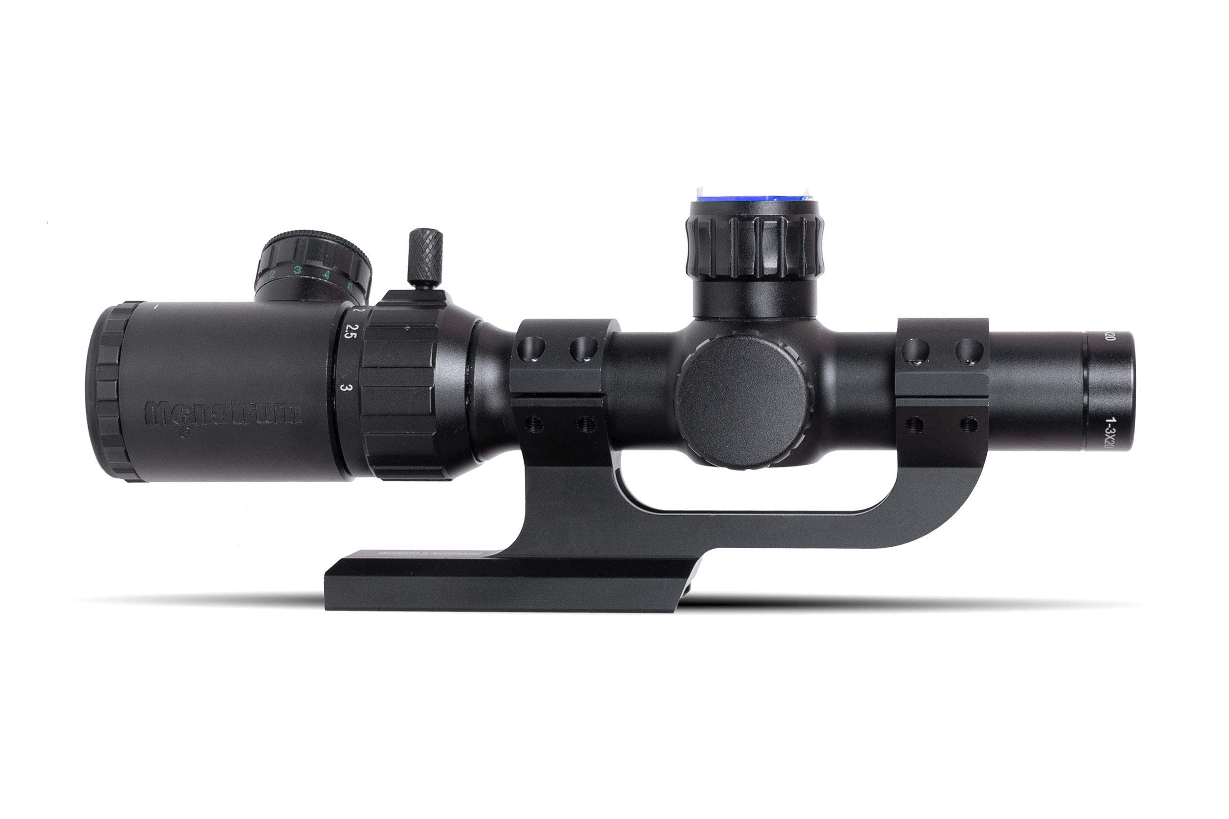 Monstrum 1-3x20 Rifle Scope with Rangefinder Reticle | ZR250 H-Series Offset Scope Mount | Bundle